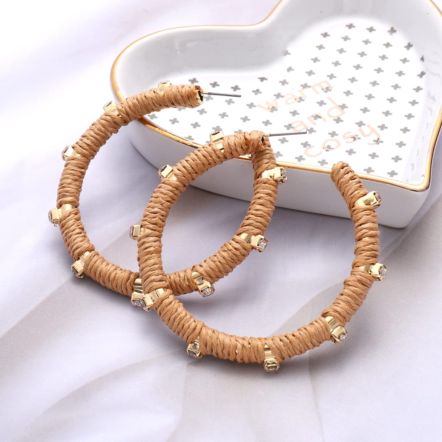 Rattan Earrings for Women Boho Statement Rhinestone Rattan Big Hoop Earrings Handmade Raffia Woven Straw Wicker Earrings Summer Beach Jewelry Gifts(Brown)