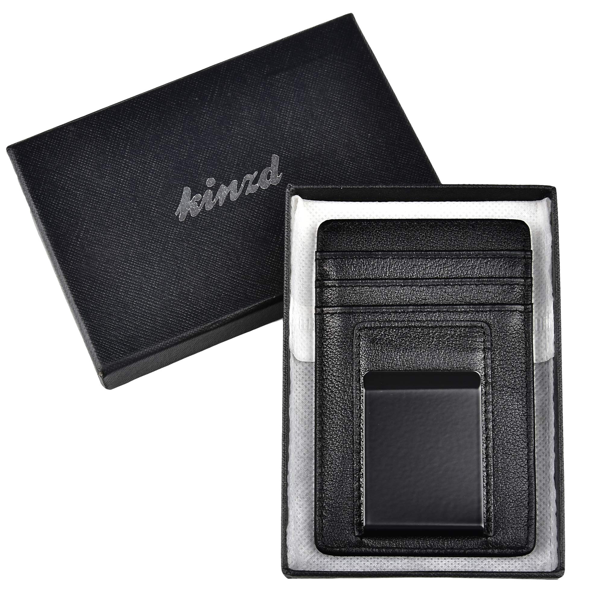 kinzd Money Clip Carbon Fiber RFID Blocking Front Pocket Leather ID Credit Card Holder Wallet for Men Black