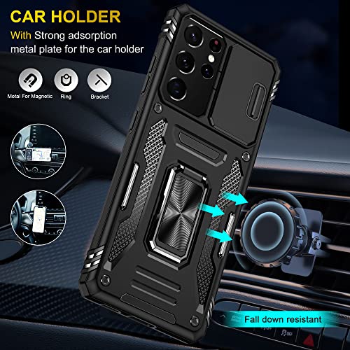 THMEIRA Samsung Galaxy S21 Ultra Case, Armor Phone Case for Samsung S21 Ultra with Screen Protector [Soft 2 Pcs] with Camera Cover, Galaxy S21 Ultra Magnetic Ring Case Anti-Fall Drop Protection, Black
