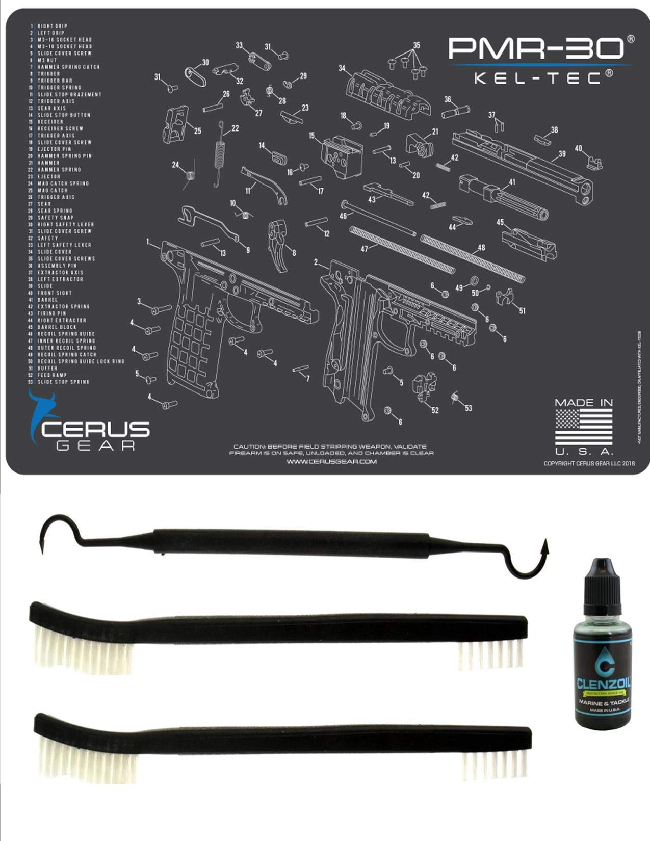 KELTEC PMR30 EDOG Cerus Gear Schematic (Exploded View) Heavy Duty Pistol Cleaning 12x17 Padded Gun-Work Surface Protector Mats Solvent & Oil Resistant & 3 PC Cleaning Essentials & Clenzoil
