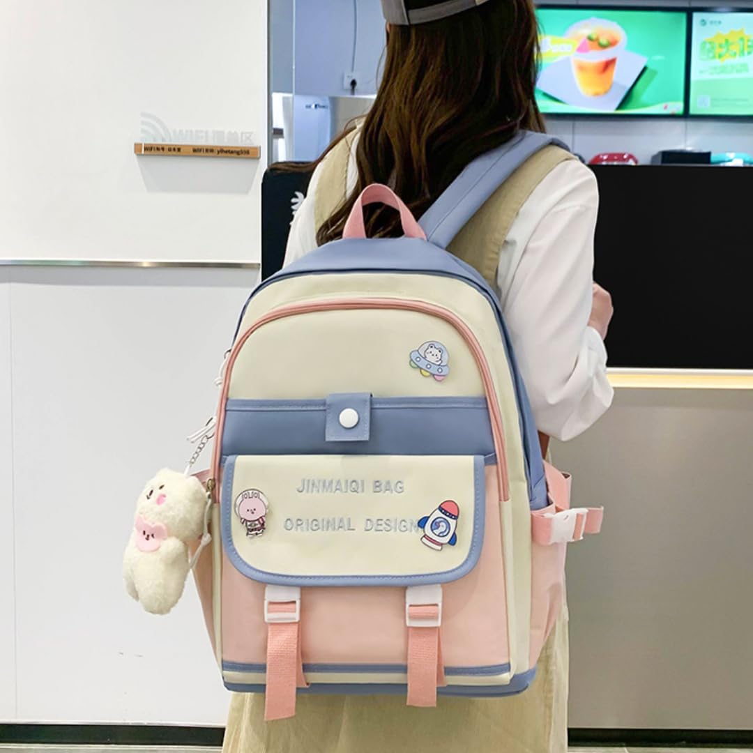 josfey 4Pcs Kawaii Backpack Cute Backpack Aesthetic Backpack Preppy Backpack SetKawaii School Supplies with Accessories (Blue)…