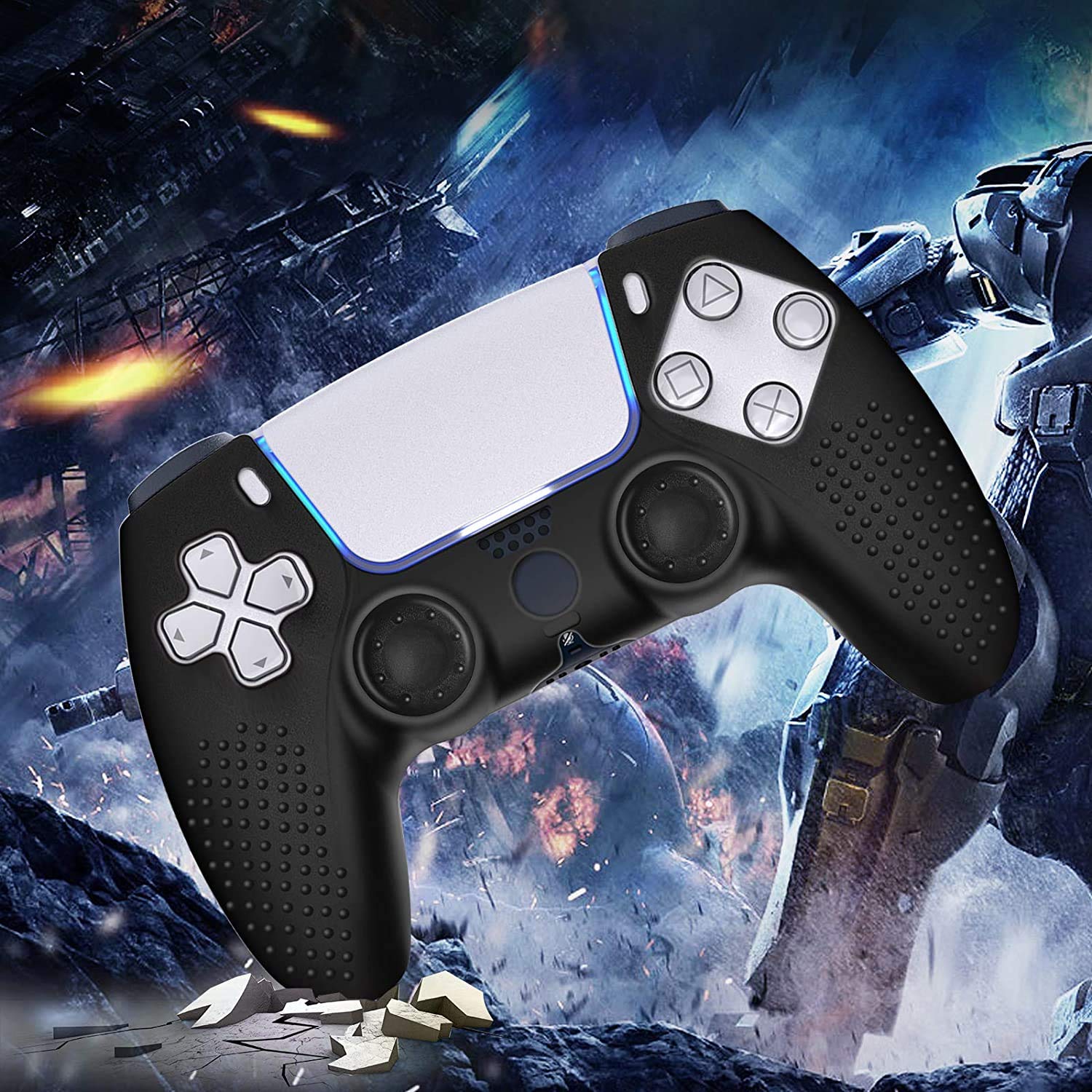 KENBU 2Pack Silicone Protective Cover Compatible with Sony PS5 Dualsense Controller, with Thumb Grips(Black) x 20 (Black&Black)