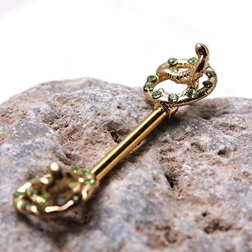 Pierced Owl 14GA Gold Plated Coiled Up Cobra Snake with Green Crystals Nipple Barbells, Sold as a Pair