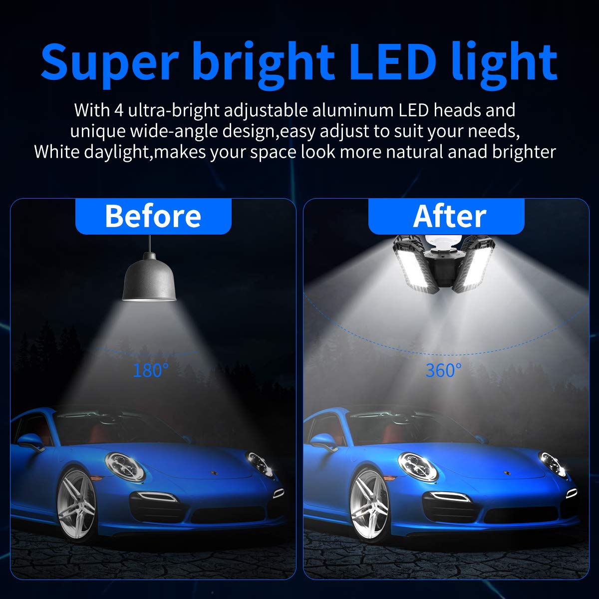 LED Garage Lights, 120W 12000 Lumens Deformable LED Garage Ceiling Lights with 4 Adjustable Panels, E26 Medium Base 6500K Daylight LED Light Bulb, LED Shop Lights for Garage, Basement, Barn, Warehouse