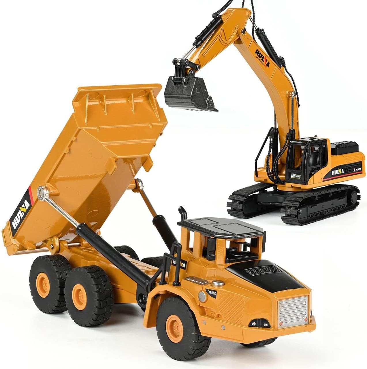 Qcar Construction Dump Truck Excavator Toys, Heavy Duty Alloy Construction Vehicles, 1:50 Scale Diecast Site Digger and Dumper Set, Toy Trucks for Kids 8,9,10,11,12 Year Old and up(2Pcs)