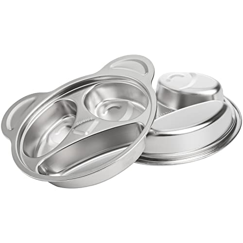 Lyellfe Set of 4 Stainless Steel Divided Plates, 3 Sections Unbreakable Dinner Plates, Cute Panda Shape Divided Plates for Picky Eaters, Lunch, Camping