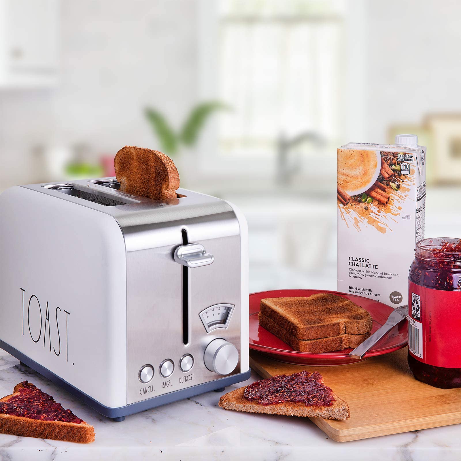 Rae Dunn Toaster, Stainless Steel 2 Slice Square Toaster, Wide Slot with 5 Browning Levels, with Bagel, Defrost and Cancel Options (Cream)