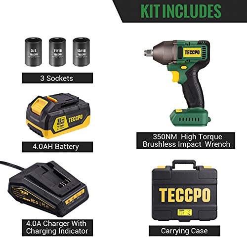 TECCPO Impact Wrench, Brushless 20V MAX Cordless Impact Wrench, 4.0Ah Li-ion Battery, 1/2 Inch, 300 Ft-lbs(400N.m) Max, 3 Variable Speed Wrench, 1 hour Fast Charger, 3 Sockets, Tool Box - BHD850B