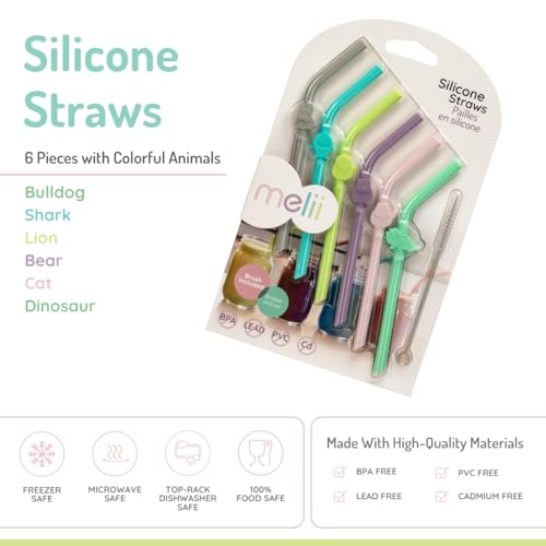 melii Reusable Silicone Animal Straws for Toddlers & Kids with Cleaning Brush β BPA Free, Dishwasher & Microwave Safe (6 Straws)