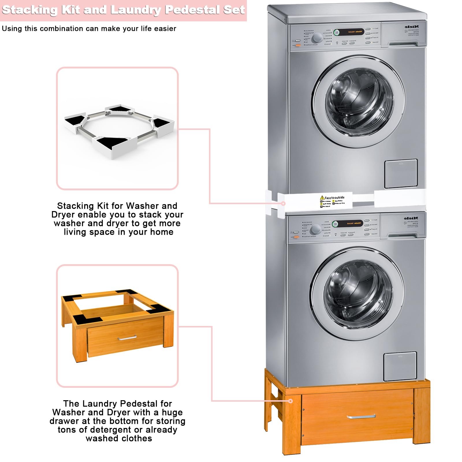 Kiss Core Universal Stacking Kit for Washer Dryer and 29" Laundry Pedestal with Drawer, Made up to 29" Wide and 13" Height