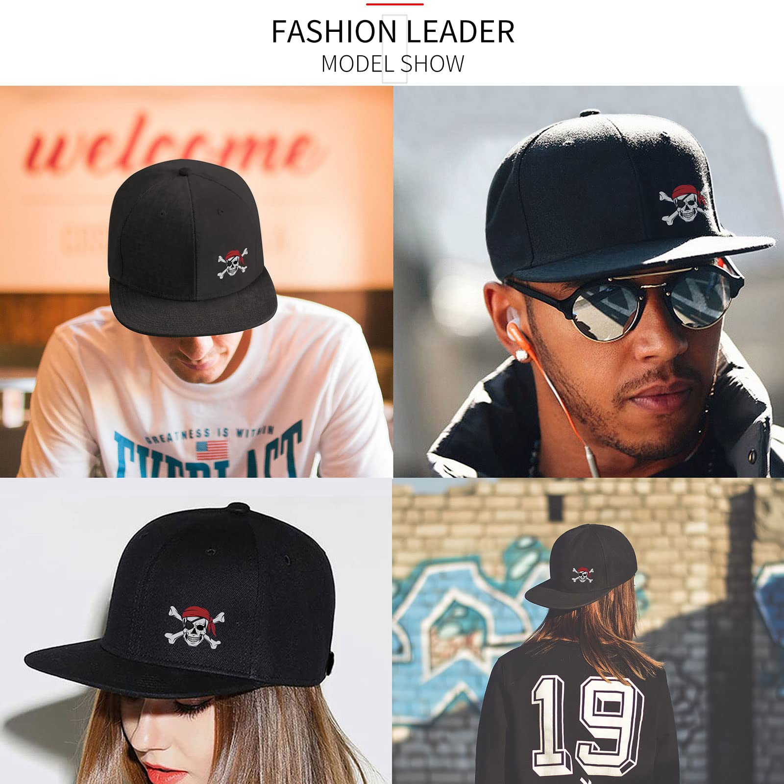 Negi Skull Hats Snapback Hat for Men, Hip Hop Baseball Cap Snapback Extender Adjustable, Skeleton Classic Flat Bill Hats for Men Women, Black Snap Backpack Hats for Golf Outdoor, Skull Gift