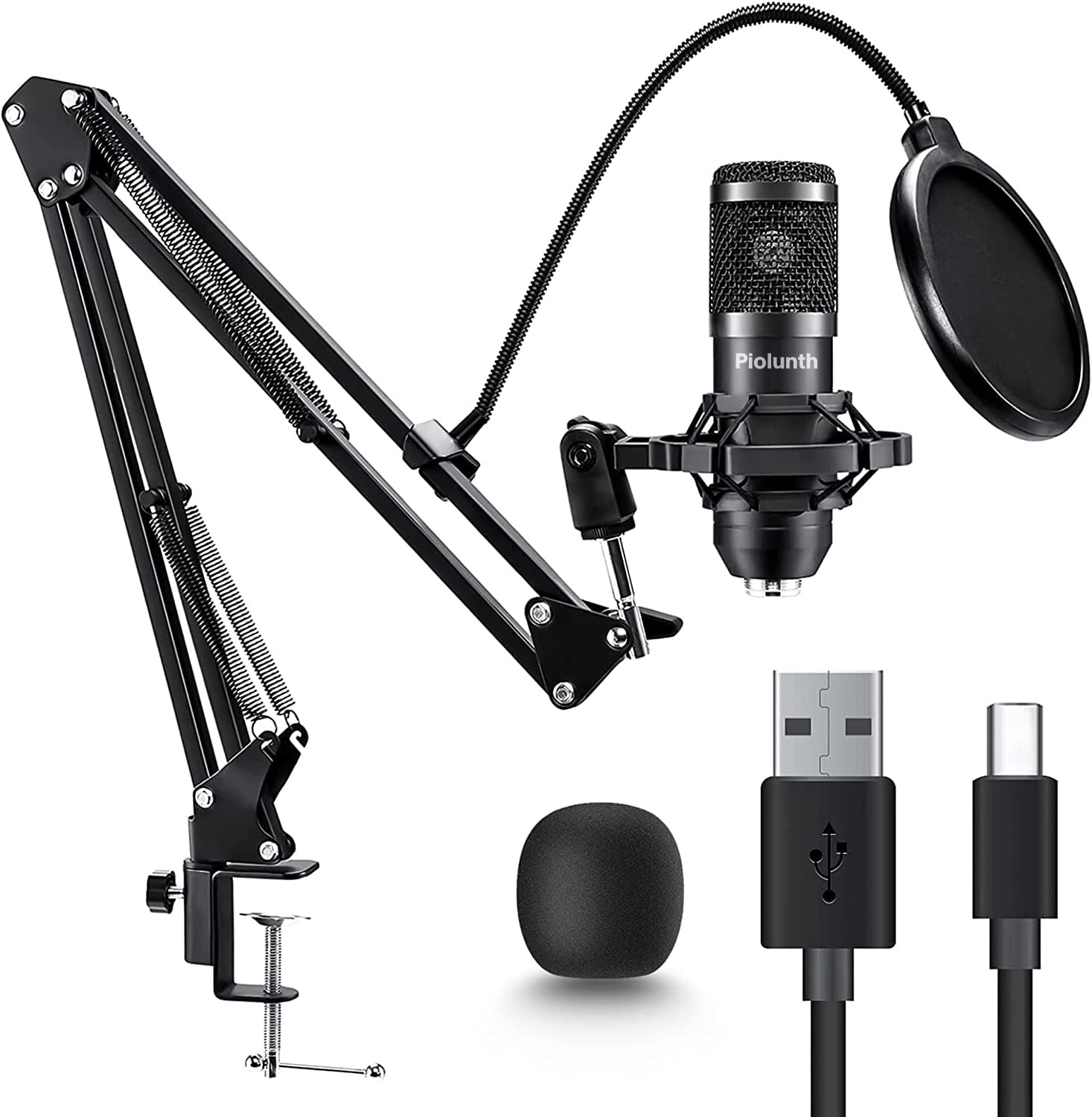 piolunth USB Microphone, Plug & Play 192kHz/24bit Cardioid Condenser Studio Mic Kit with Professional Sound Chipset Mount Pop Filte and Boom Arm for Recording, Gaming, Streaming, Skype, Podcast