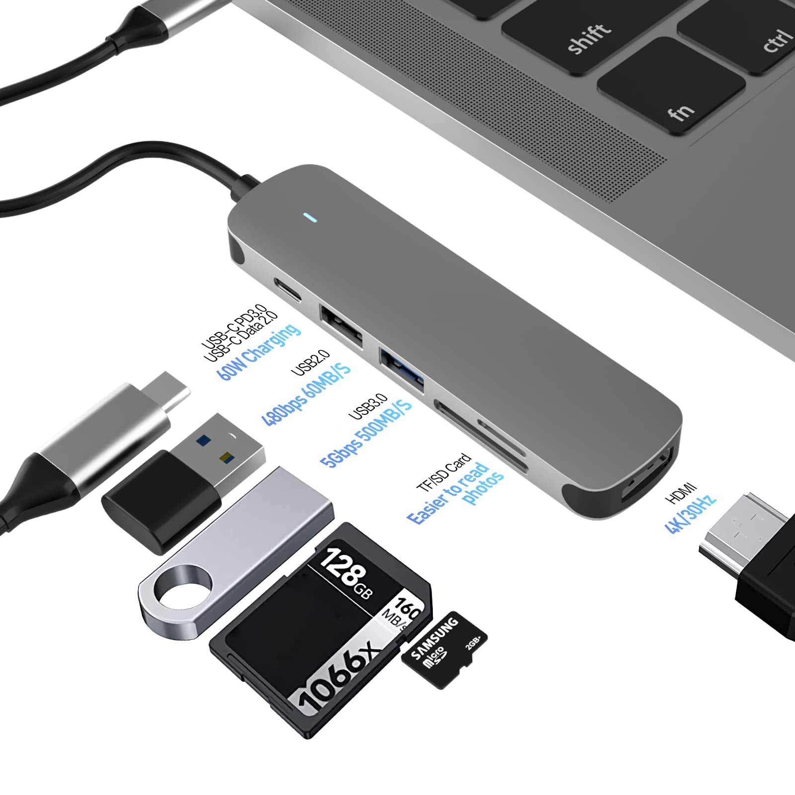 USB C HUB, Docking Station 6 in 1 with USB 3.0 Port, USB-C Port/PD, 4K HDMI and SD/TF Card Reader, USB C Adapter Compatible with MacBook Pro/Air Laptops and Other Type-C Devices