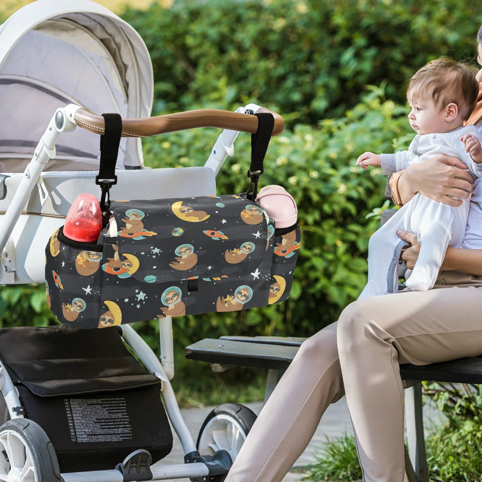 Sloth Astronaut Rocket Stroller Organizer with Cup Holder Universal Stroller Organizer Bag Detachable Shoulder Strap Stroller Accessories for Diaper Snacks Toys Keys Fit All Baby Stroller
