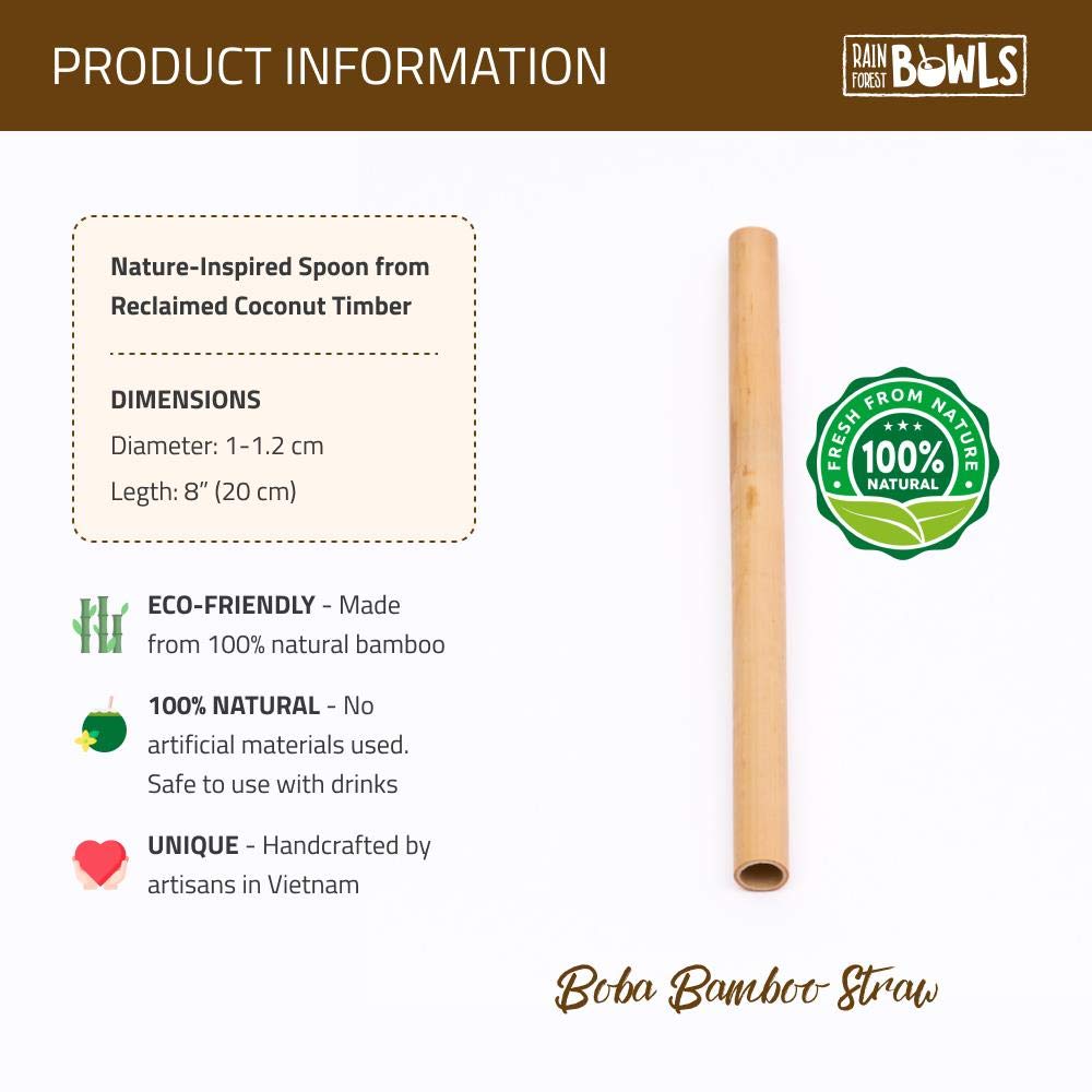 Rainforest Bowls Set of 4 Reusable Boba Bamboo Straws - 8 Inch - Perfect for Milkshake, Milk Teas, Juice, Smoothies - 100% Natural, Hand Carved by Artisans, Eco-Friendly & Sustainable