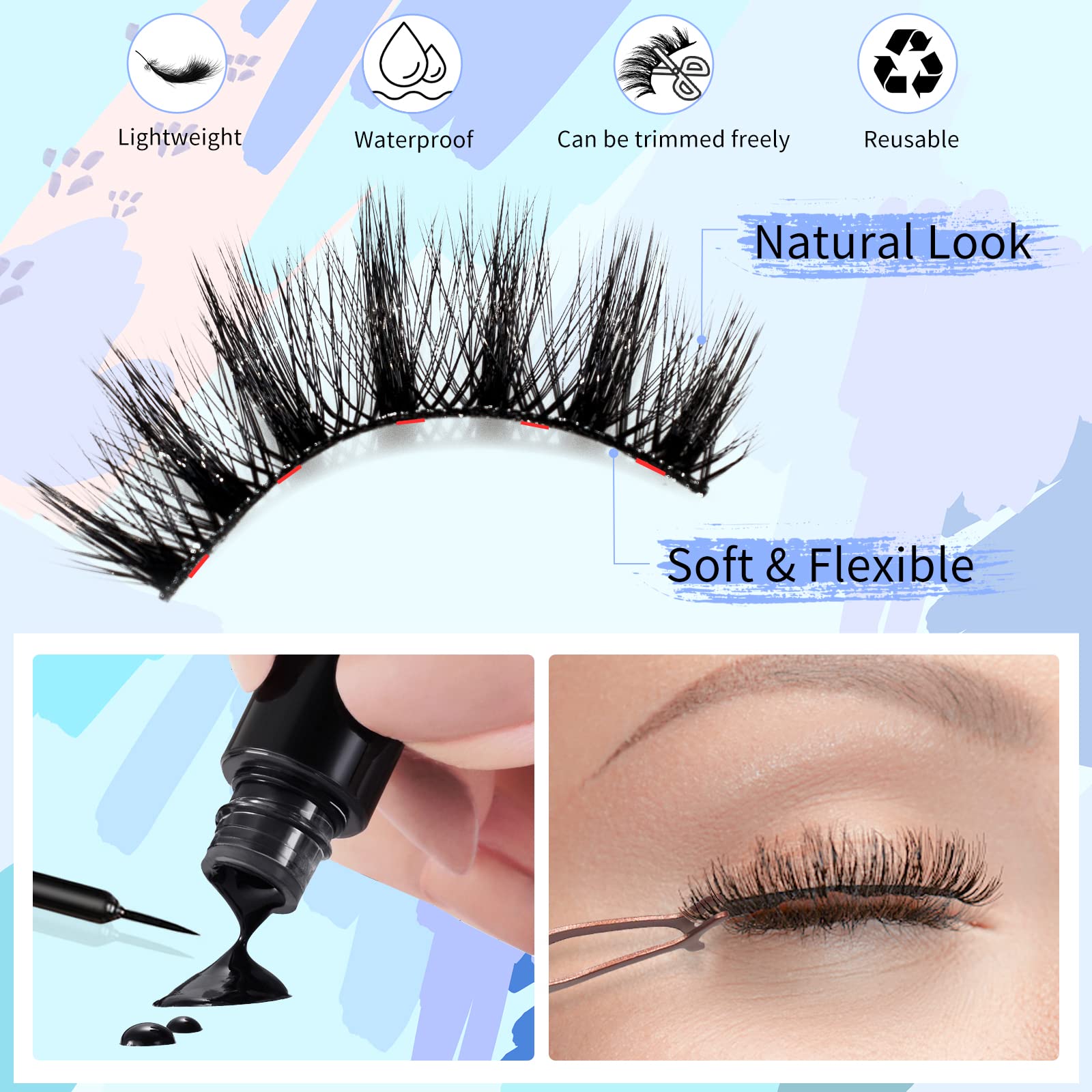Magnetic Eyelashes Kit,Reusable Magnetic lashes Natural Look and Long Lasting,10 Pairs Lightweight False Eyelashes with Eyeliner&Tweezers, Easy to Wear, No Glue Needed …