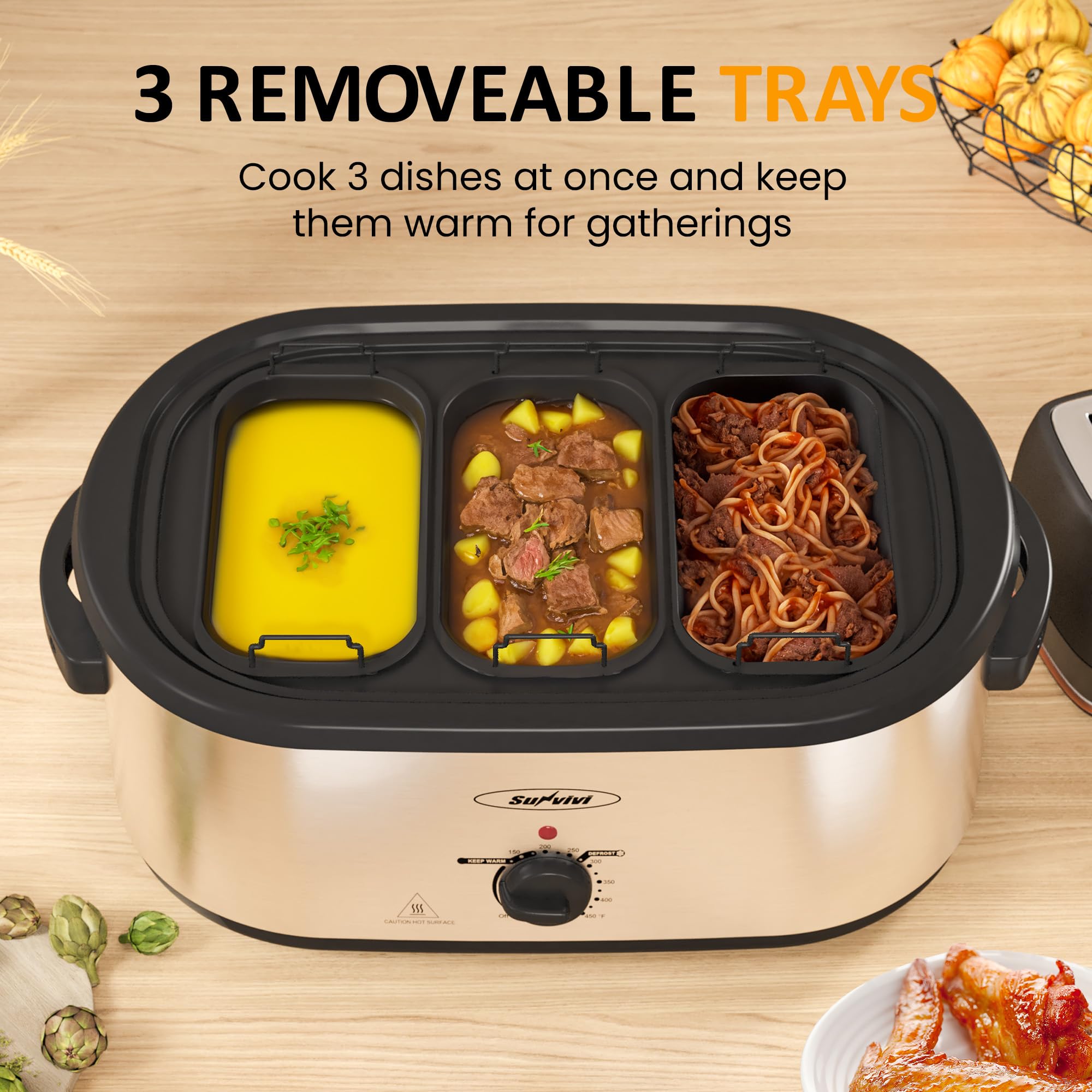 Sunvivi Electric Roaster Oven, 24 QT Roaster with Removable 3-bin Buffet Server, Turkey Roaster Oven with 150-450°F Full-Range Temperature Control, Removable Pan & Rack, Stainless Steel, Silver