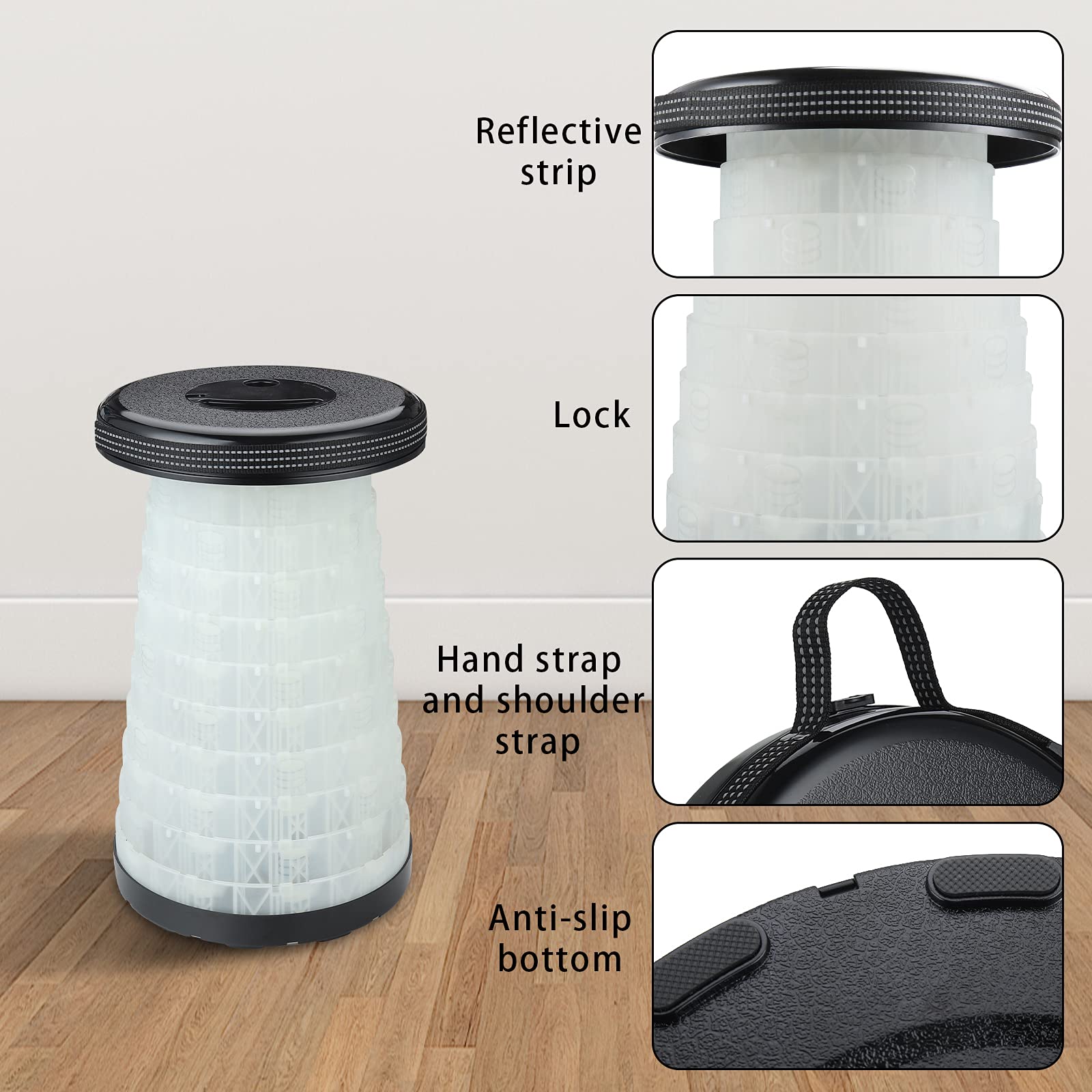 Retractable Folding Stool Portable Stool Collapsible Stool with LED Light 1 Second Open More Sturdy Telescoping Stool Load Capacity 400lbs for Outdoor Fishing Camping Hiking Travelling (Black)