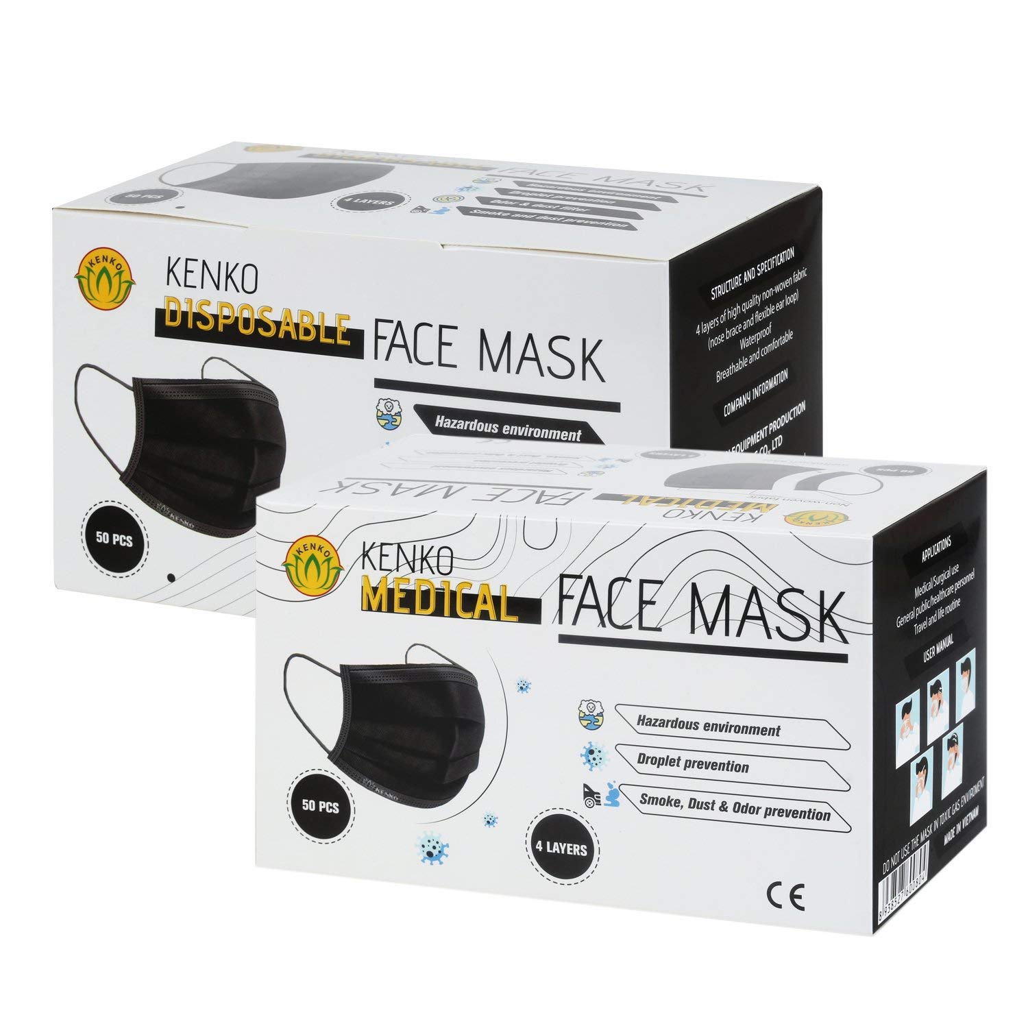 Kenko 50 pcs 4-ply MEDICAL Face Masks Black & 50 pcs Disposable 4-Ply Face Masks Black, Breathable & Comfortable Filter Safety Mask, Protection