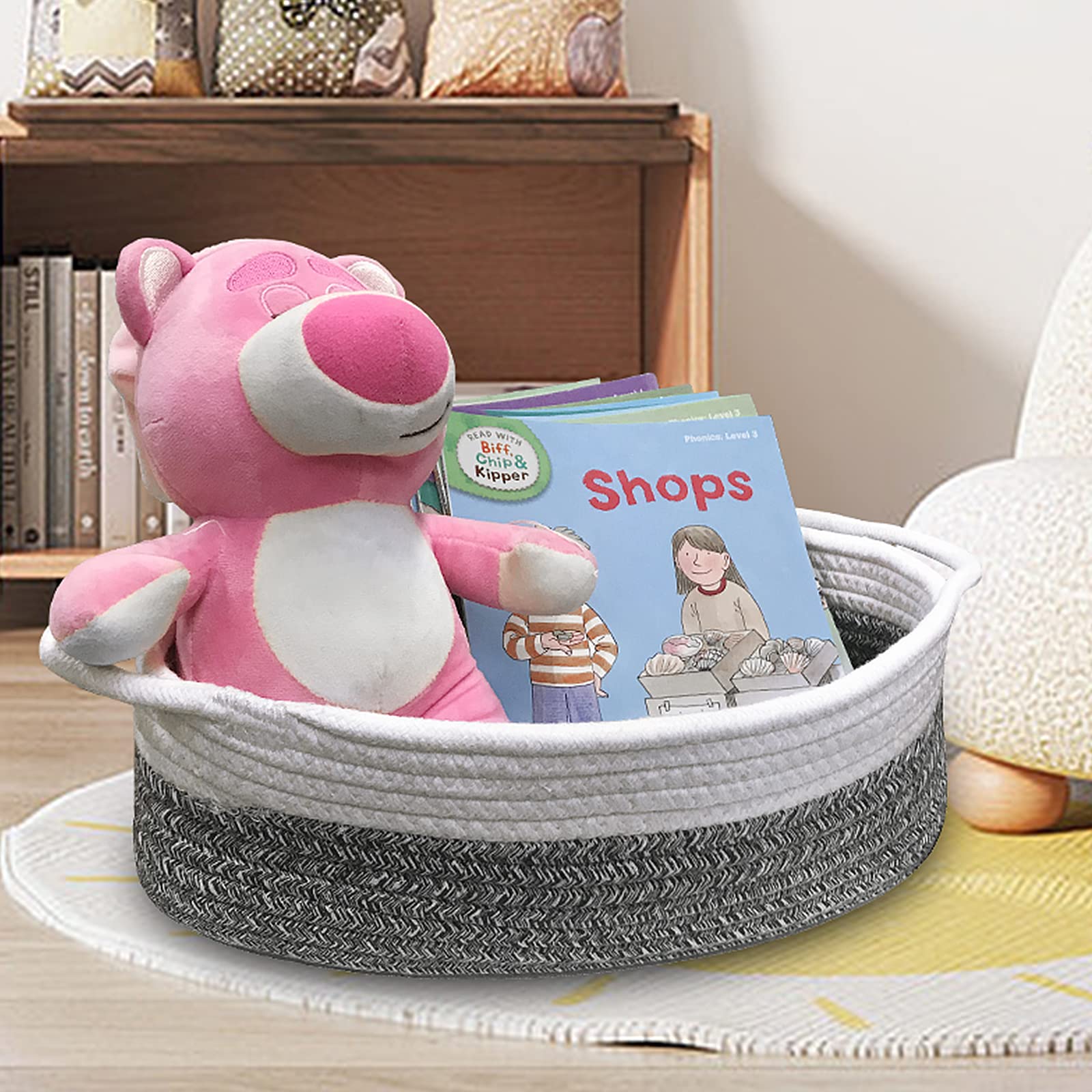 Small Woven Basket Cute Rope Basket Cotton Basket Baby Room Storage Basket Dog Toy Basket with Handles Empty Gift Basket for Shelf 13.2"x 8" x 5" Easter Basket Oval Empty Gift Basket (Grey White)
