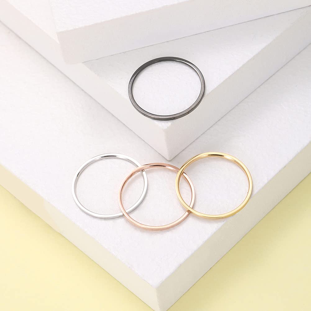 NUNCAD 4Pcs 1mm Stainless Steel Women's Plain Band Thin Knuckle Stacking Rings Comfort Fit Size 5 Steel/Gold/Rose Gold/Black Tone