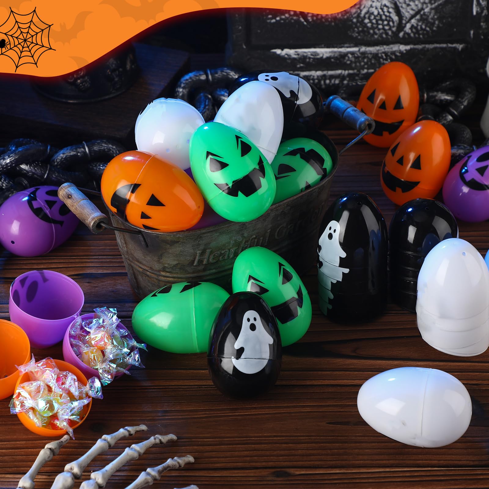 Libima 100 Pcs Halloween Skull Easter Eggs Bulk Halloween Easter Eggs Ghost Fillable Plastic Candy Containers Trick or Treat Plastic Pumpkin Eggs for Halloween Egg Hunt Party Supplies, 3 x 2 Inch