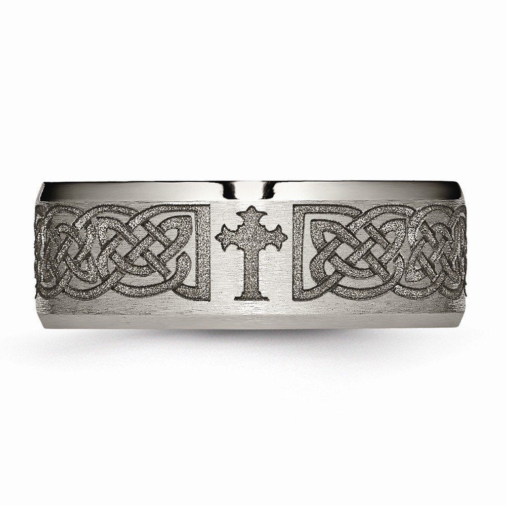 Jewelry Pilot 8mm Beveled Edge Laser Engraved Celtic Weave Cross Titanium Wedding Band - Size 13