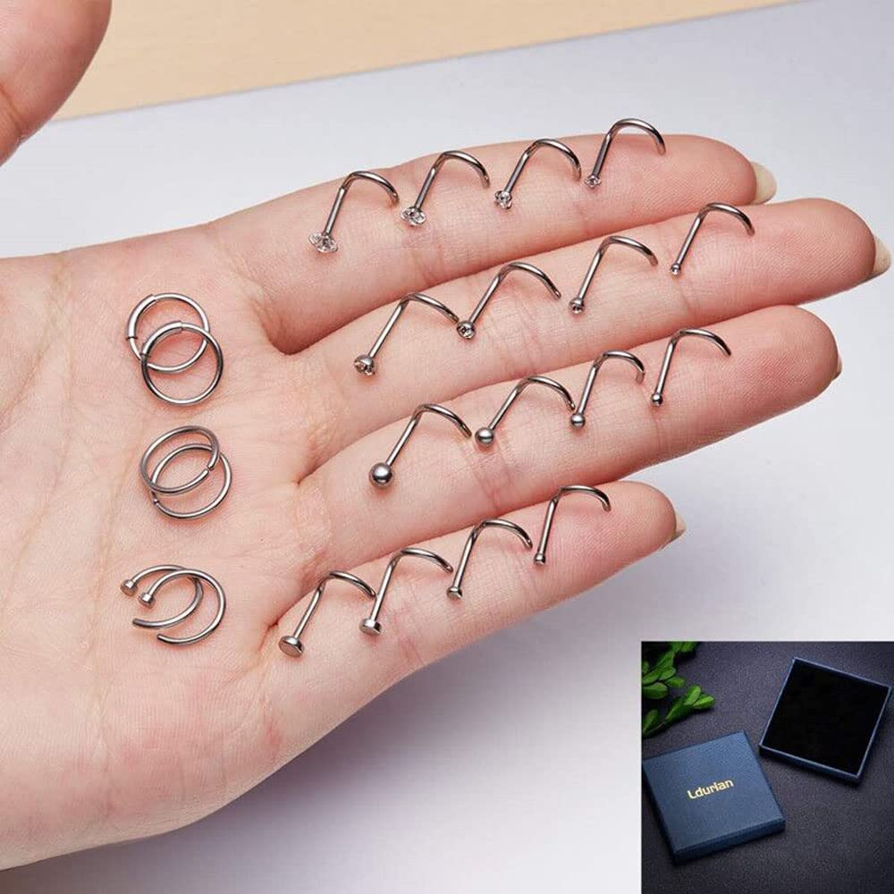 Piercingpops 24Pcs Surgical Stainless Steel Mixed Nose Stud Nose Ring Hoop Cartilage Earrings Nose Piercing Body Jewelry for Women Men Set (A:24PCS - Silver(Nose Screws Style))