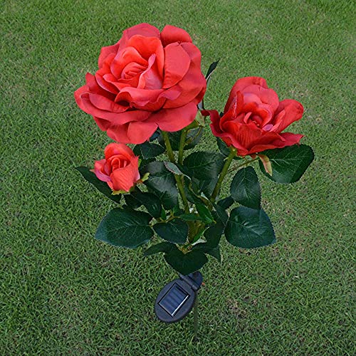 LamQee 3 Head Rose Flower Solar Powered LED Lights IP65 Waterproof Outdoor In-Ground Stake Light Lamp for Garden Stake Yard Home Decor - Pack of 1, Red