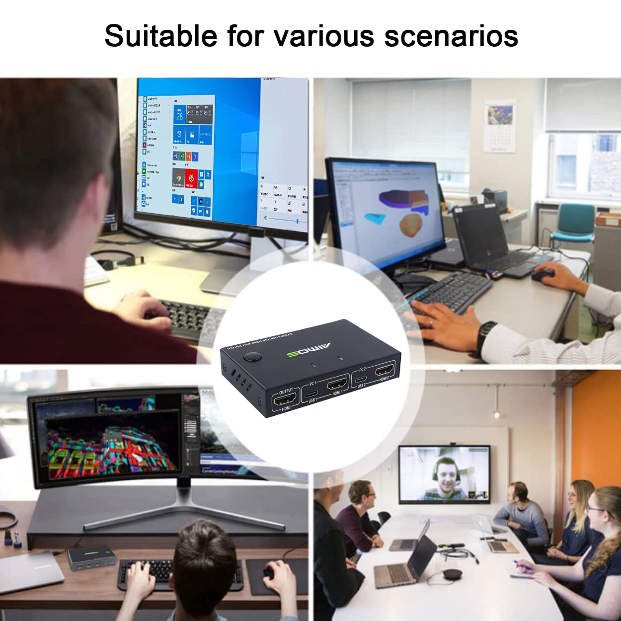 KVM Switch HDMI 2 Port 4K@30Hz,AIMAISHI HDMI and USB Switch with 4 USB 2.0 Ports for 2 Computer Share Keyboard Mouse and 1 Monitor, with 2 HDMI Cable and 2 USB Cable