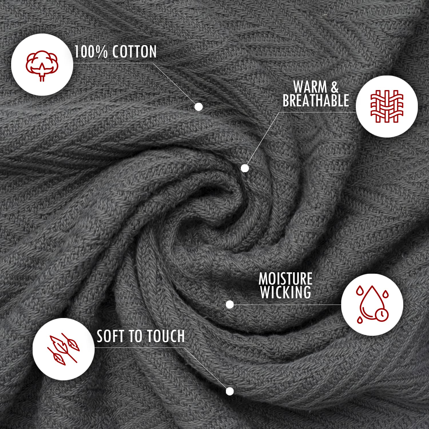 Infinitee Xclusives 100% Cotton Blanket, Queen Size 90X90, Lightweight Thermal Blanket, Soft Breathable and Cozy Blanket for All Seasons (Charcoal Gray)