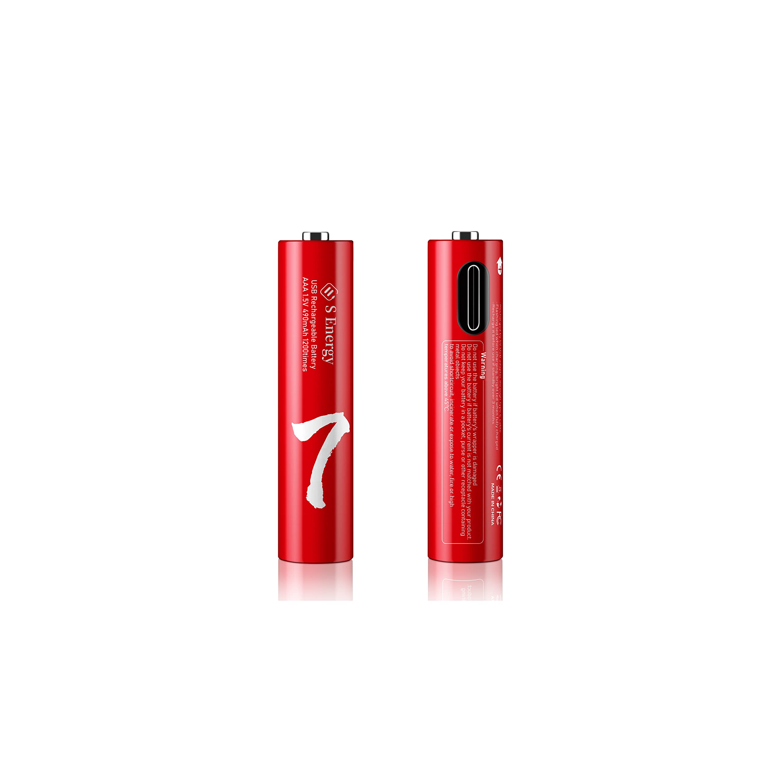 S Energy USB Rechargeable AAA Batteries, High Capacity Lithium Polymer 1.5V 490mAh Battery, 1.5 H Fast Charge, 1200 Cycle with Type C Port Cable, Constant Output2-Pack