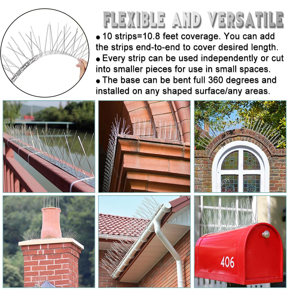 LANNEY Bird Spikes, 10 Strips Stainless Steel Bird Deterrent Pigeon Spikes for Outside to Keep Birds Away, Anti Bird Repellent Spikes Control Kit Cover 10.8 Feet, Unassembled