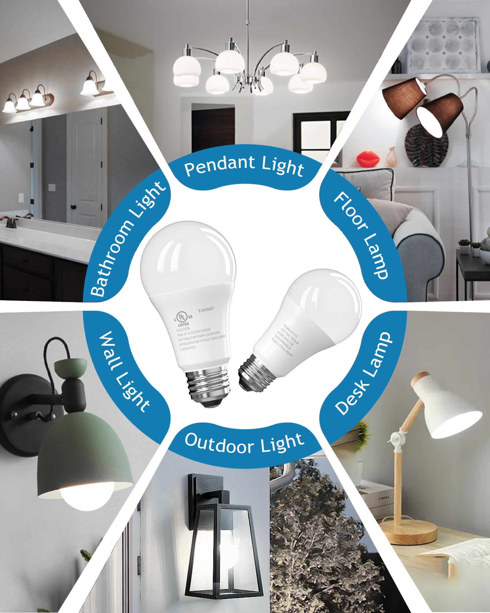 TJOY LED Light Bulbs, 100 Watt Equivalent A19, 5000K Daylight LED Bulbs, 15W Bright White Light Bulbs, Energy Saving Light Bulb with E26 Standard Base, 1500 Lumens Non Dimmable Lamp Bulb, 12 Pack