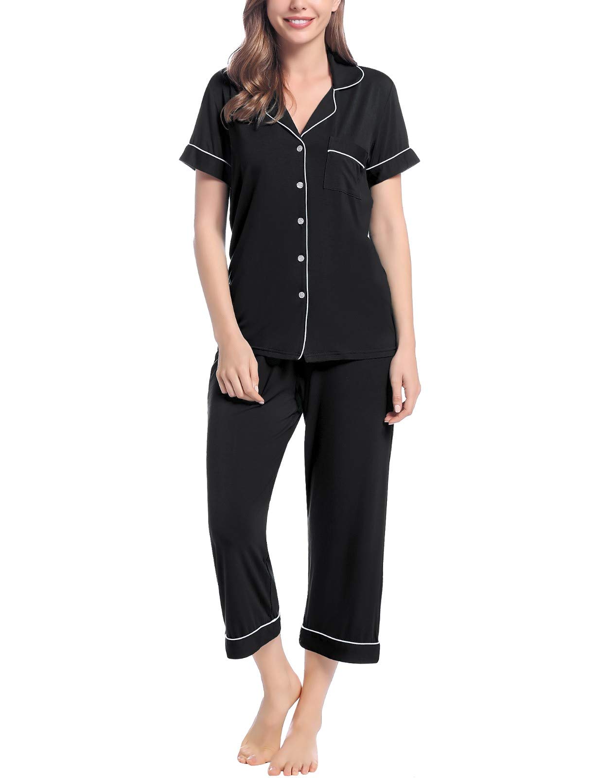 Joyaria Womens Bamboo Viscose Pajamas Set Cooling/Cool Pjs Set Night Sweats Sleepwear Jersey Knit(Black, XL)