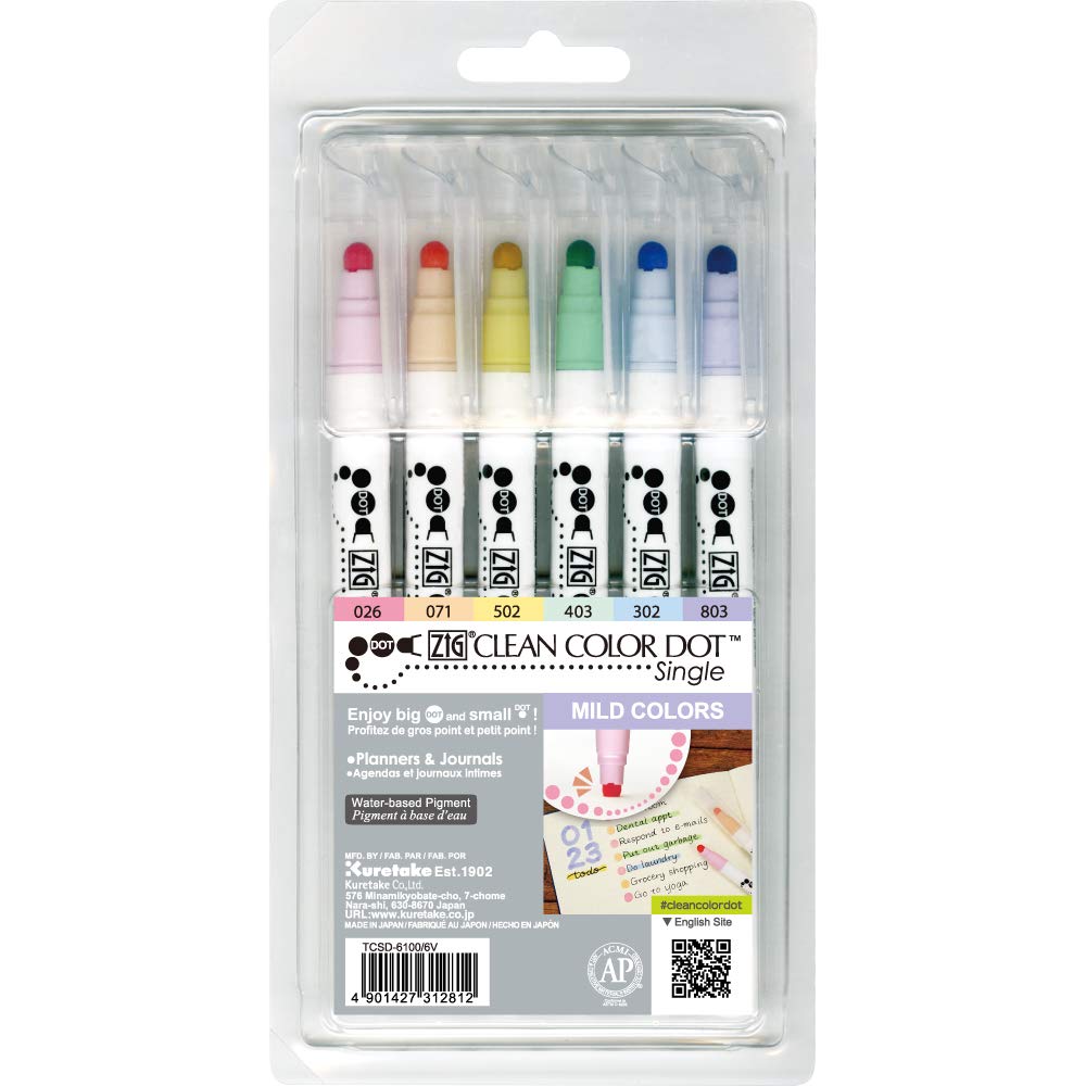 Kuretake CLEAN COLOR DOT Single Mild 6 colors set, Flexible dot tip marker, for Journals, Crafts, Illustration, Lettering, Planners, for Adult, Kids, Made in Japan