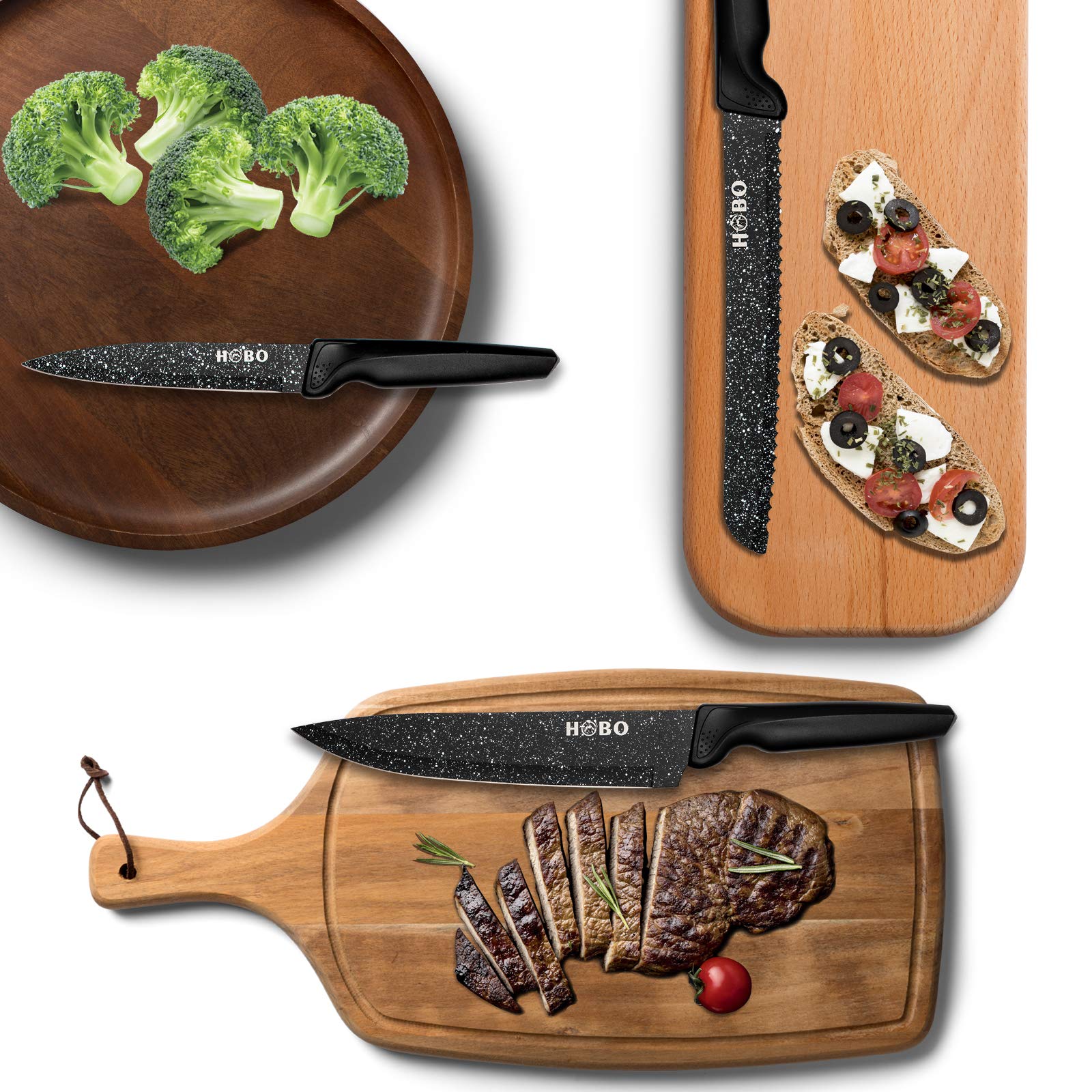 Knife Set, HOBO 17-Piece Kitchen Knives Set, German Stainless Steel Chef Knife Set with Acrylic Block, 6 Steak Knives, Professional Non-Slip Handle, Kitchen Scissors, Cooking Black Knife Set