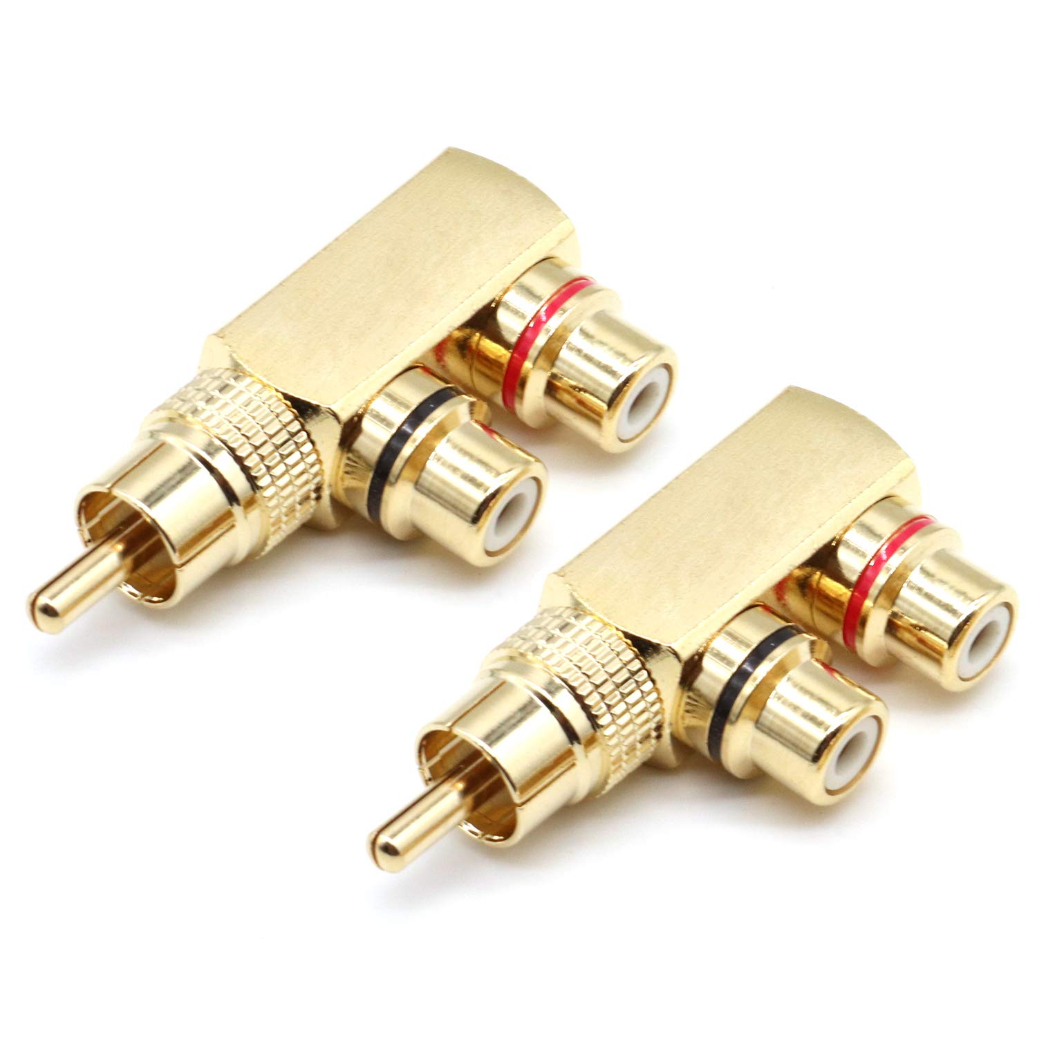 LOCHSOEL RCA Splitter Adapter,Right Angle RCA Male to 2 RCA Female AV Splitter Adapter Gold Plated Connector(2Pack)