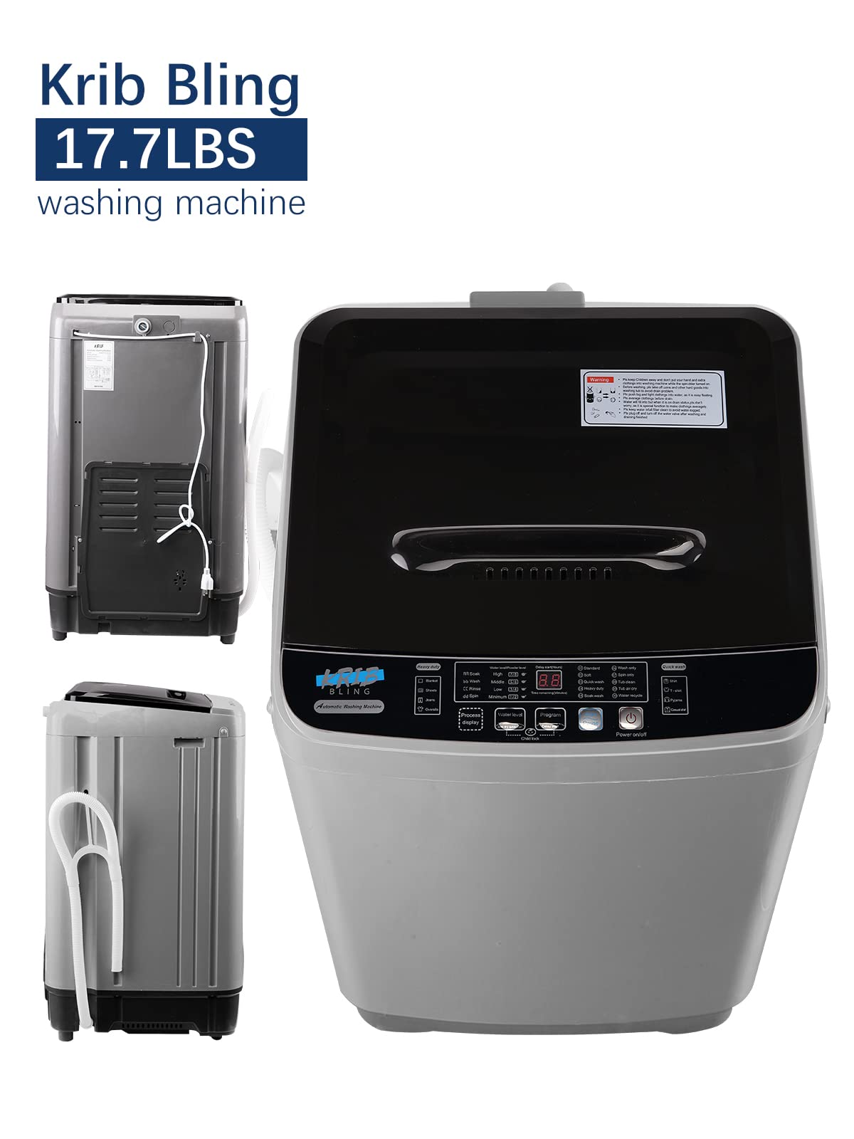 Krib Bling 17.7 lbs Full Automatic Washer with Drain Pump, Washing Machine with LED Display, 10 Washing Programs & 8 Water Levels Selections, Ideal for Camping, Apartment, Dorm, Dark Grey