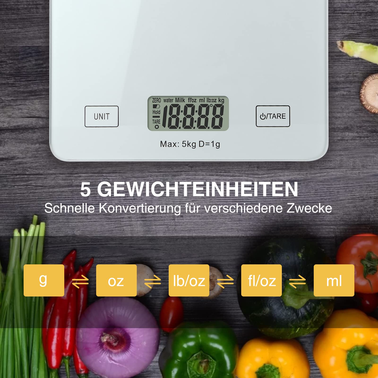 Kitchen Scale, Mafiti Digital Kitchen Scales 11lb/5kgX1g, Multifunction Measures in Kg, g, lb and OZ Digital Kitchen Weight for Food, Cooking and Baking,LCD Display(Silver)