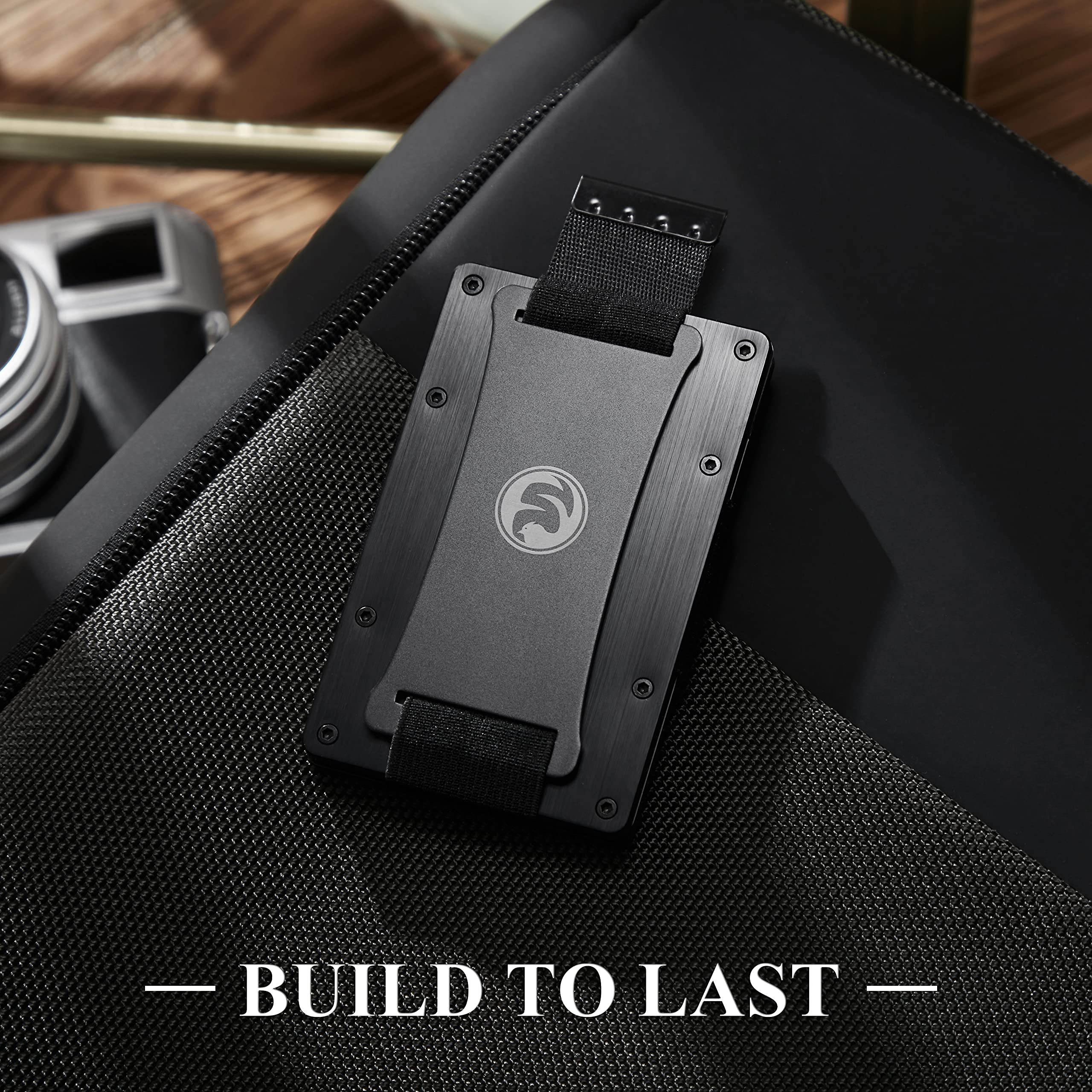 Men Minimalist Metal Wallet with Cash Strap | Wood American Flag | Slim Pocket RFID Blocking Pull Card Holder | Personalized Aluminum EDC Tactical Wallets | Money Case Carbon Fiber