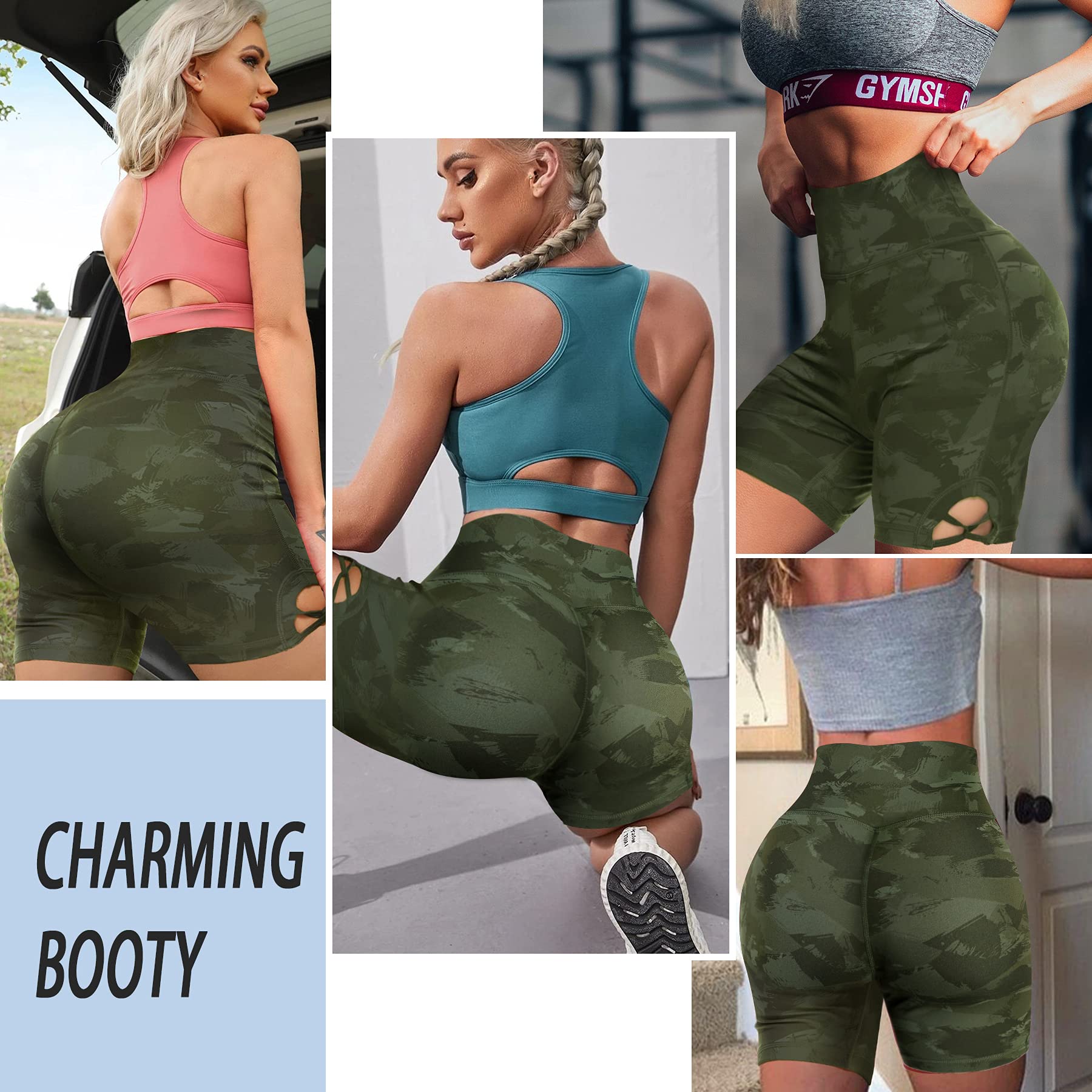 LEINIDINA Women's High Waist Yoga Shorts Tummy Control with Pocket Biker Workout Athletic Shorts Tights (Pattern Dark Green, 3X-Large)