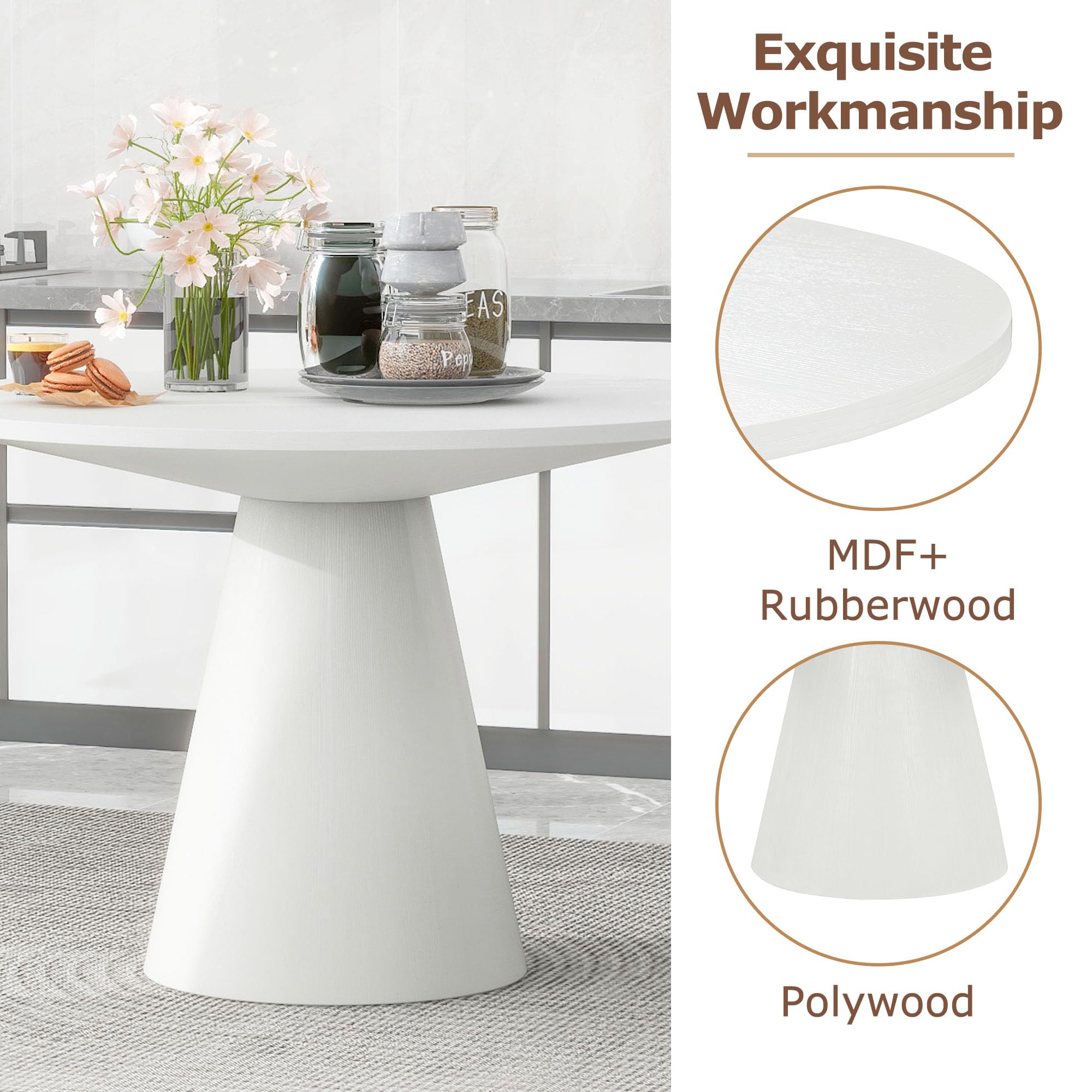 kevinplus 46.5'' Round Wood Dining Table for Living Room Dining Room Kitchen, Modern Circle Dining Kitchen Table for 4-6, Contemporary Living Room Dining Room Table Furniture (φ46.5"x30.2", White)