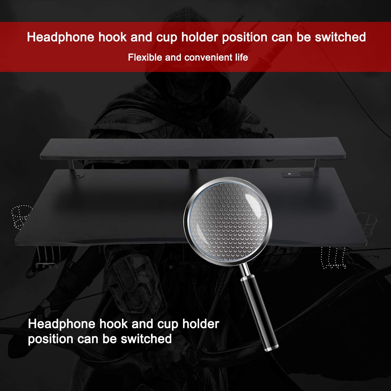 LYNSLIM Black Computer Gaming Desks - 55” W x 23” D Computer Table with Display Support Plate Cup Holder and Headphone Hook Large Surface E-Sport Gamer Workstation Desk Table for Home Office PC