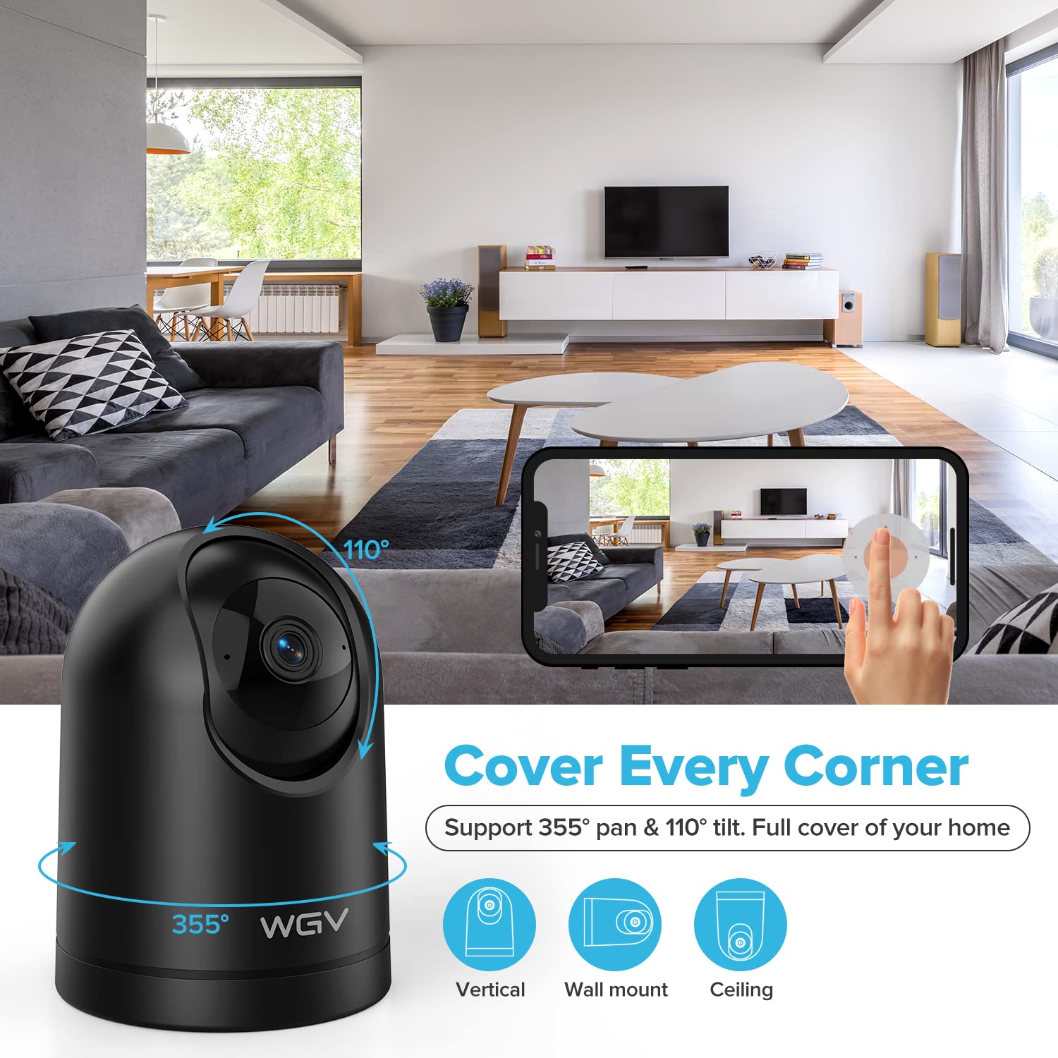 WGV Security Camera -2K Cameras for Home Security with Smart Motion Dection, Night Vision, Two-Way Audio,Cloud & SD Card Storage,Work with Alexa, Ideal Indoor Camera for Baby Monitor/Pet Camera