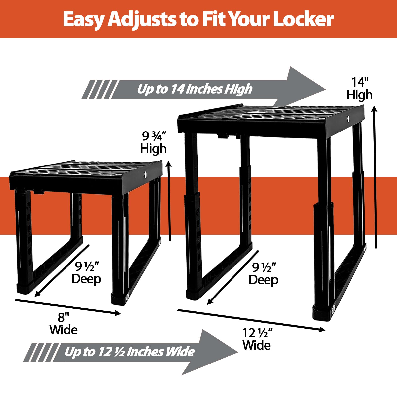 Locker Organizer Shelf, Adjustable Width and Height, Ideal Locker for School, Office, and Gym Lockers (Black 2 Pack)