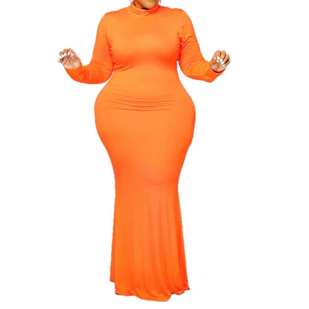 IyMoo Women's Sexy Plus Size Bodycon Turtleneck Cocktail Evening Mixi Dress Orange 4XL