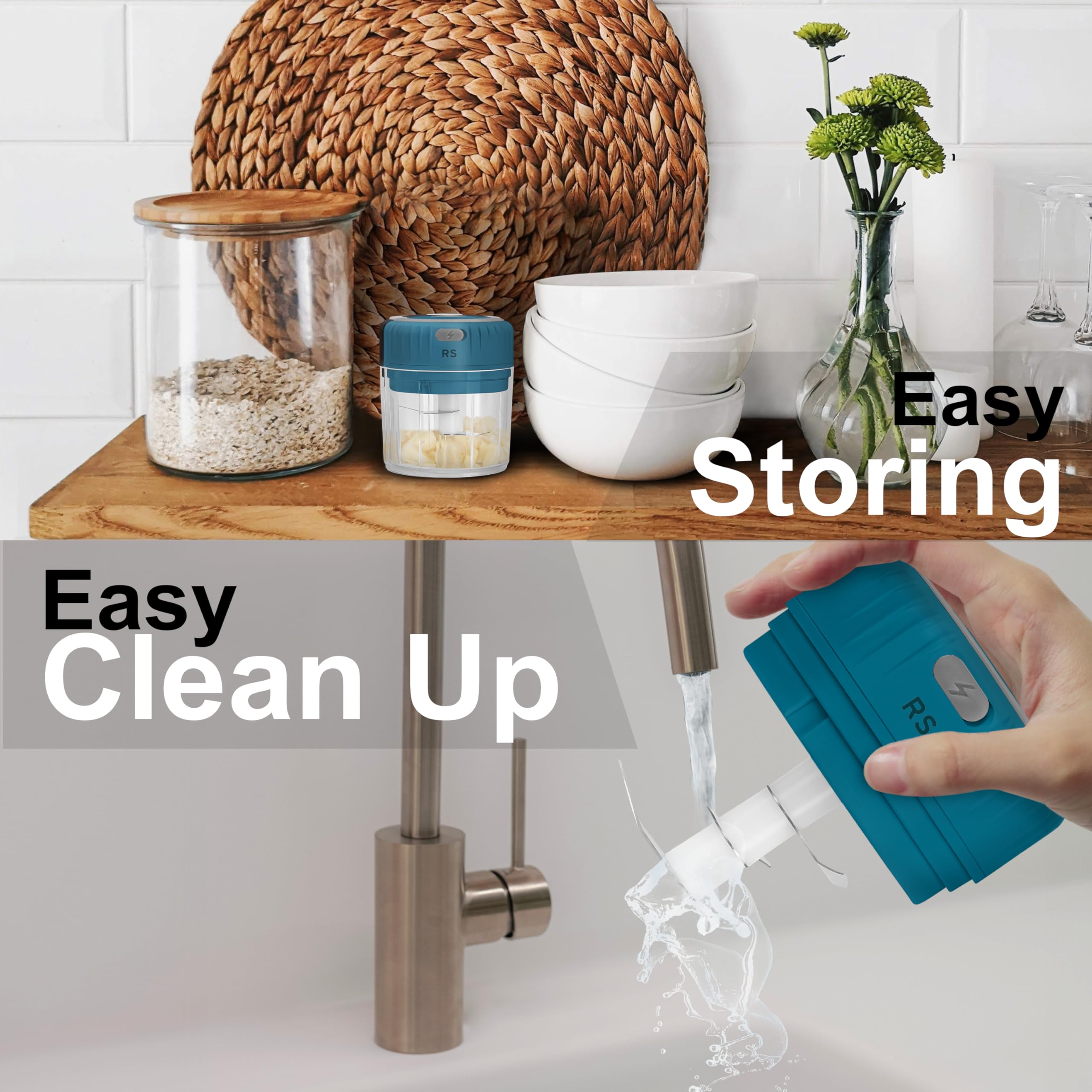 Real Simple Electric Mini Food Processor | Great for Garlic, Onion, Ginger, JalapeƱo, Mini Chopper for Quick Food Prep Station | Portable USB Charging, 250 ML Food Container | Blue