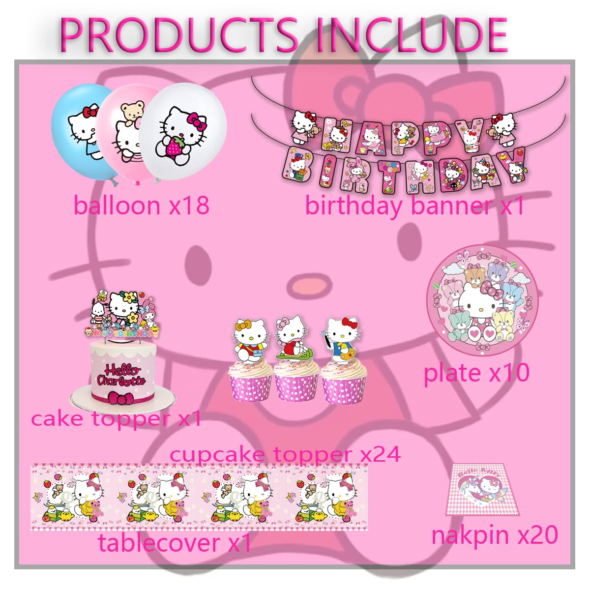 Kitty Birthday Decorations, Hello Kitty Birthday Party Supplies Include Banner, Ballons, Tablecloth, Cake Toppers, Cupcake Toppers, Plates for Kitty Themed Party