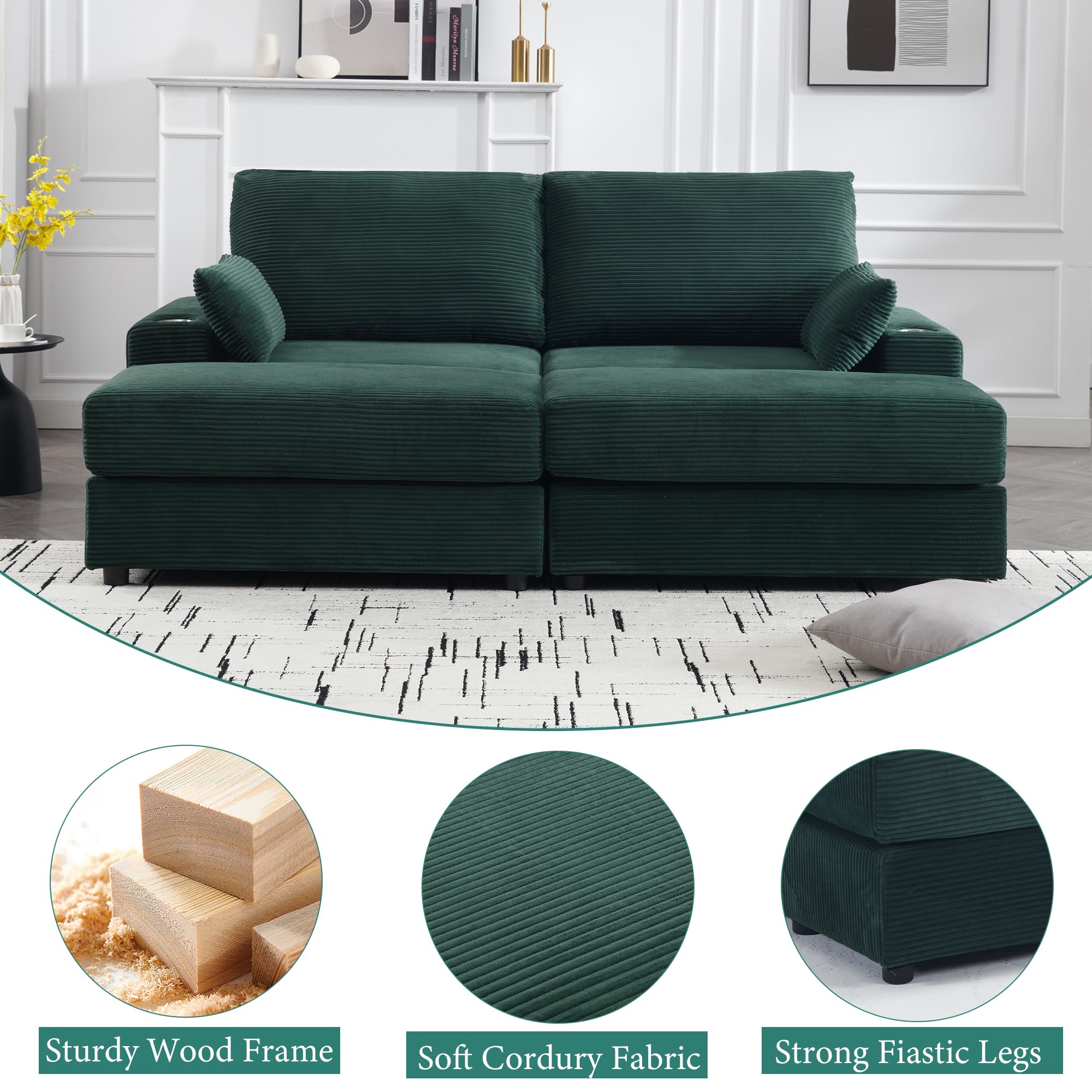 Tmsan 82.7" Oversized Deep Seat Loveseat with Ottomans, Corduroy Double Chaise Sleeper Sofa, Modular Sectional Cloud Couch with Cup Holders & USB Ports for Living Room Apartment Office (Green)